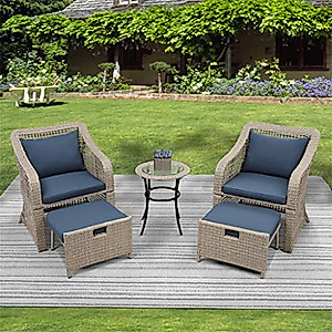 FZZDP 5-Piece Outdoor Conversation Set Patio Furniture Set Rattan Wicker Chair with Stool and Tempered Glass Table