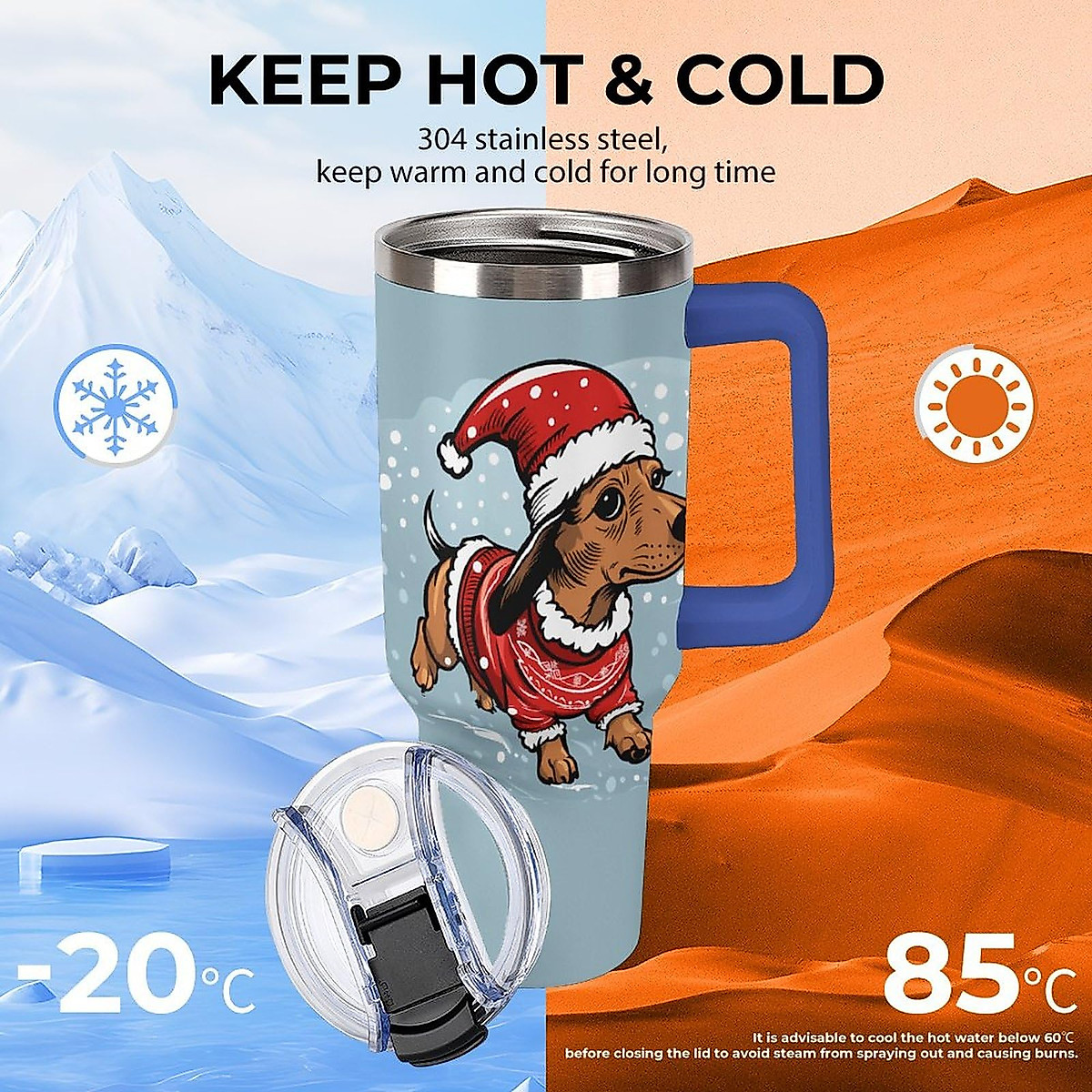 Dachshund Christmas Santa Hat 40 Oz Tumbler Insulated Stainless Steel Water Bottle Travel Mug Car Cup with Handle And Straw