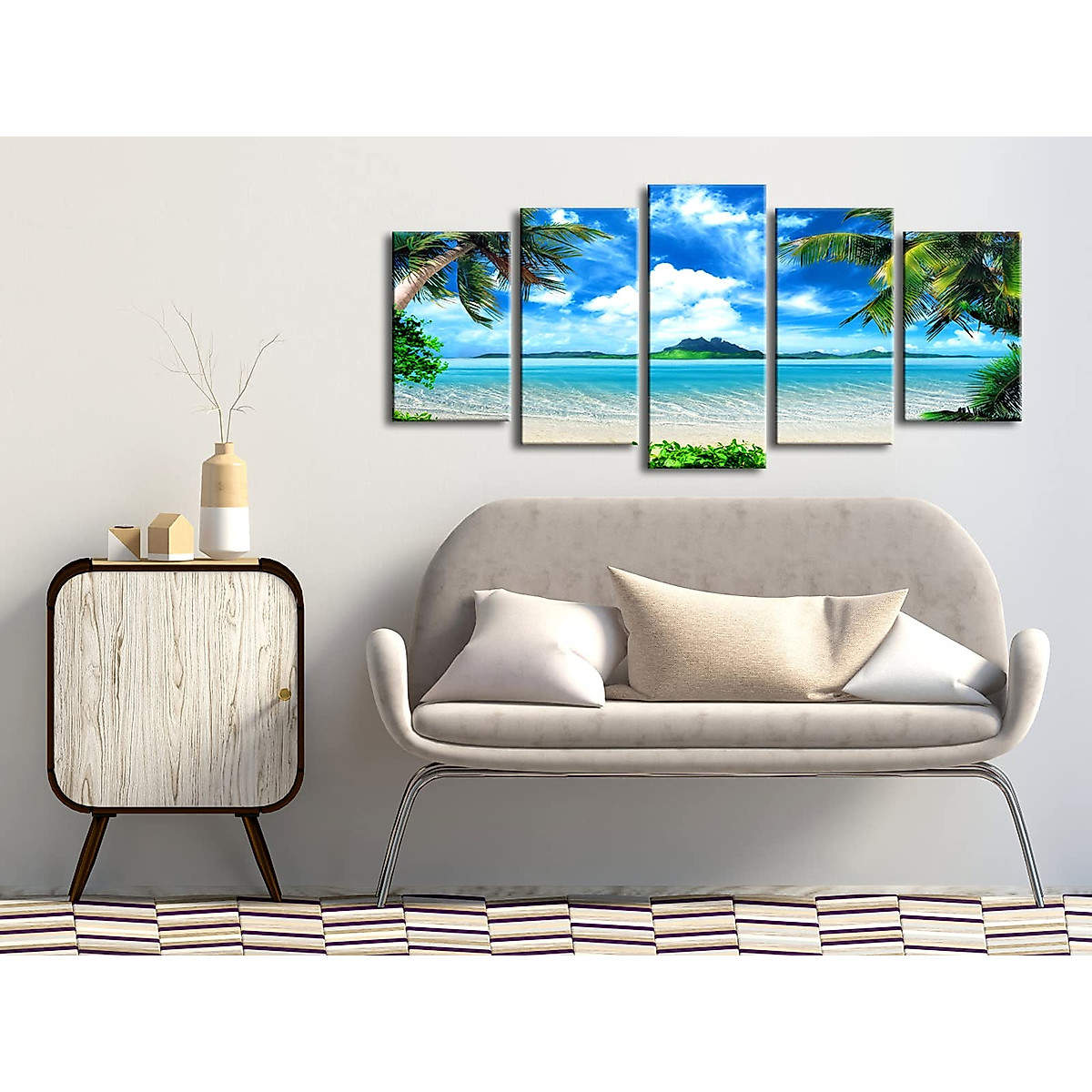Pyradecor Modern 5 Panels Blue Sea Beach Pictures Paintings on Canvas Wall Art Stretched Contemporary Landscape Ocean Canvas Prints Artwork for Bedroom Home Decorations