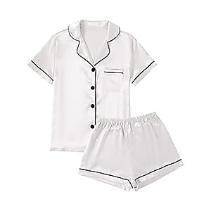 LYANER Women's Satin Pajamas Set Short Sleeve Button Shirt Silky Sleepwear With Shorts Set PJ White Medium