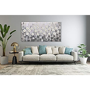 Yihui Arts Canvas Wall Art Grey and White Flowers Pictures Blossom Modern Floral Pallet Knife Painting Framed for Bedroom Kitchen Dinning Room Living Room Office Home Decor