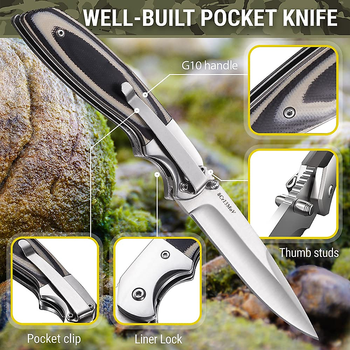 Grand Way Bundle of 2 Items - Japanese Fixed Blade Tanto Knife - 5,9" Polished Sharp Blade - Knives with Paracord Handle - Hiking Hunting Knofe - Sharp Blade Tool - Birthday Christmas Gifts for Men