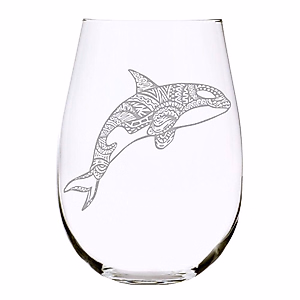 C & M Personal Gifts 17 Oz Stemless Wine Glass – Beautiful Mandala Orca Engraved Juices & Cocktail Glass Made from Crystal Material for Men and Women – Ideal for Orca Lovers – Made in USA