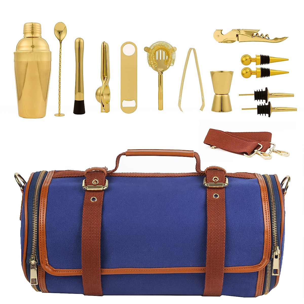 Discerno Bartender Travel Bag - Cocktail Barware Roll Bag and Tool Set w/ Vegan Leather Shoulder Strap, Cocktail Accessories Storage Case, Perfect for Mixing Cocktails and Drinks, Navy