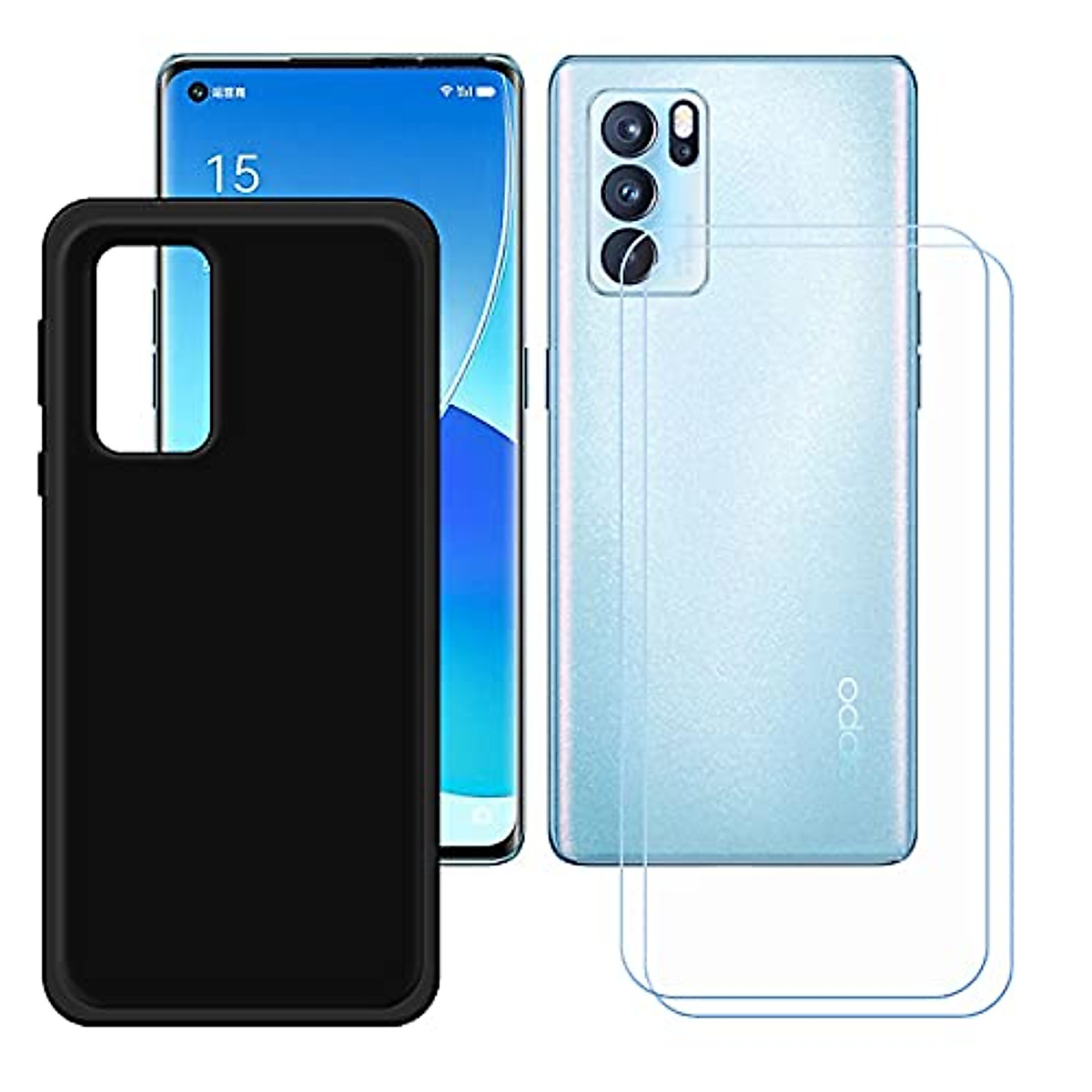 YZKJSZ Case for Oppo Reno 6 Pro 5G Cover + 2 x Screen Protector Tempered Glass Protective Film - Soft Gel Black TPU Silicone Protection Case for Oppo Reno 6 Pro 5G (6.55")