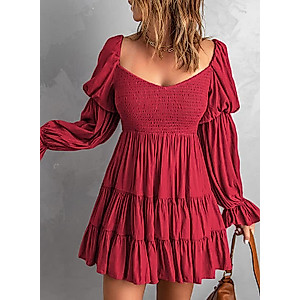 Dokotoo Womens Juniors Cute Spring Casual Summer Dress Sexy Off The Shoulder V Neck Long Sleeve Ruffle Solid Flowy Empire Waist Mini Short Dress Party Birthday Dresses for Women Red Large