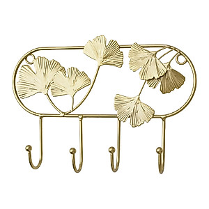 MOROBOR Decorative Leaves Iron Hooks, 1 Pack Gold Ginkgo Leaf Coat Rack Wall Mount Hooks for Hanging Row Hooks with 4 Hooks Key Hangers for Wall Decor No Drill for Living Room, Kitchen, Office