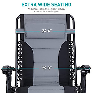 F2C Padded Zero Gravity Chair, Adjustable Foldable Patio Reclining Lounge Chair with Headrest Pillow Side Cup Holder Tray for Outdoor, Deck, Patio, Beach Yard Poolside, Black Gray…