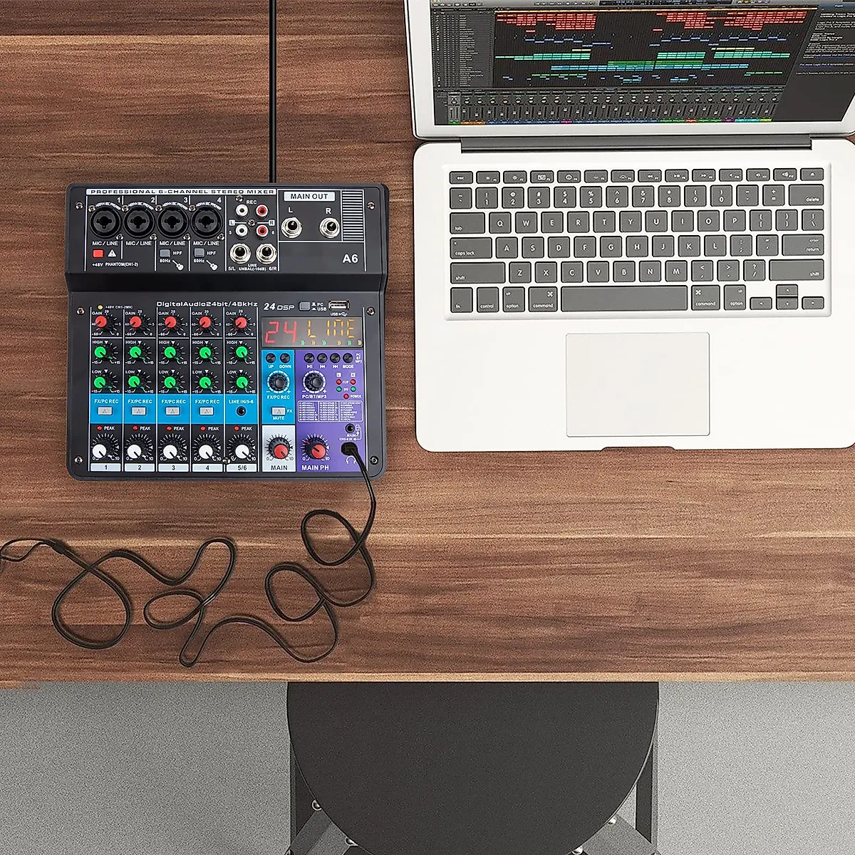 6 Channel Audio Mixer - Portable Digital Line Mixer Console Build-in 24 DSP Effects BT Function 48V Phantom Power for Karaoke Streaming by YOUSHARES