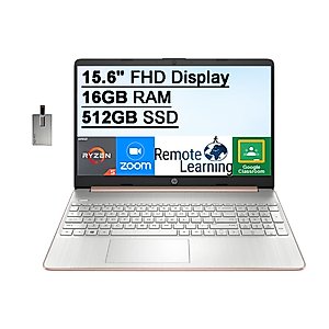 HP 15.6" FHD Laptop Computer, AMD Ryzen 5-5500U Processor(Beats i7-1065G7), 16GB RAM, 512GB PCIe SSD, AMD Radeon Graphics, HD Webcam, HDMI, Bluetooth, Wi-fi, Win10, Gold, 32GB USB Card (Renewed)