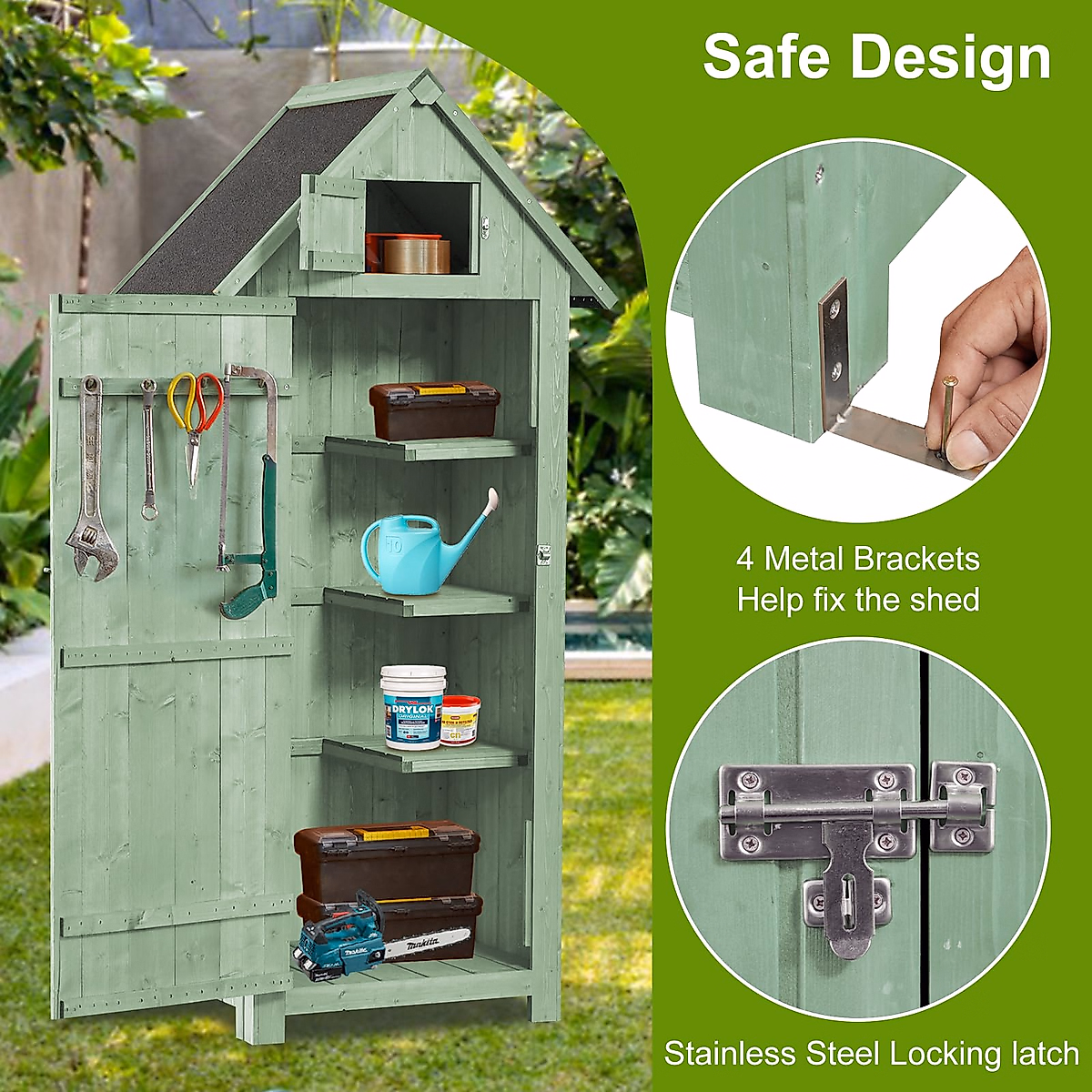 FairOnly Outdoor Shed Storage Cabinet, Garden Wooden Sheds, Outside Storage Cabinet Weather Proof with Floor, Fir Wood Tool Organizer with Door and Shelves for Backyard, Hallway (Green)
