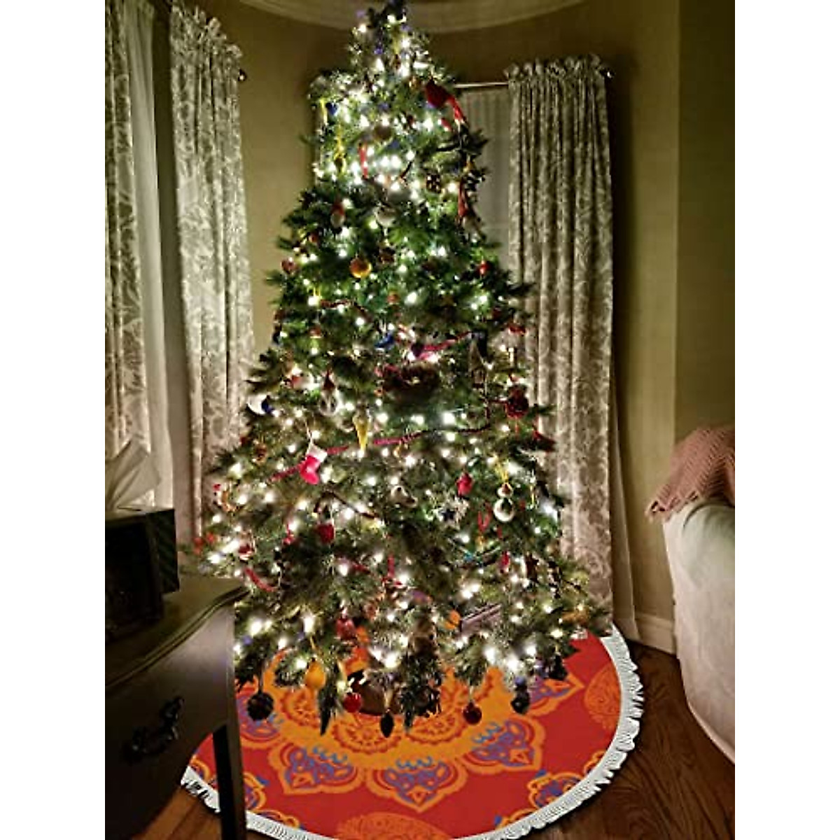 Hapuxt Christmas Tree Skirt 48 Inch Xmas Plush Skirts Decoration Geometric Ethnic Style Circular Deco Merry Christmas Family Party Holiday Indoor Outdoor Home Decor White Tassel Lace