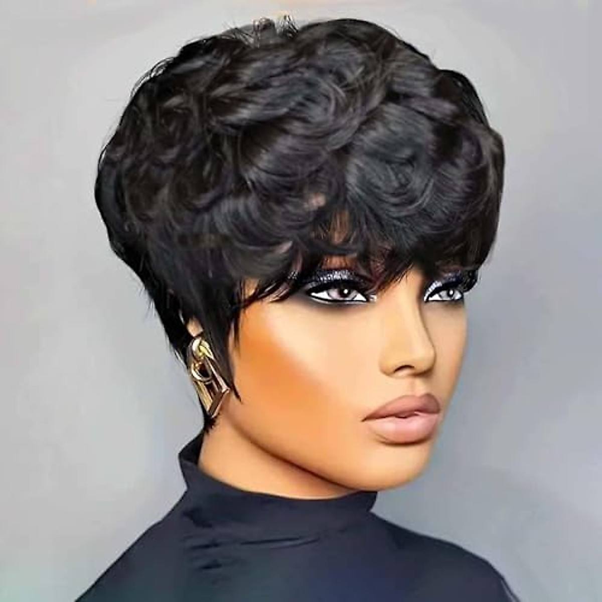 Evasens Pixie Cut Wig Human Hair Wigs for Black Women Short Wigs for Black Women Pixie wig with Bangs Full Machine Made Wig Glueless Wig Natural Wavy Wigs for Women