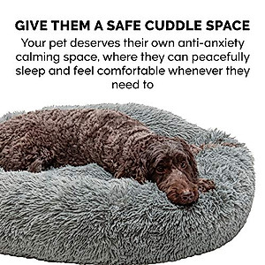 Furhaven 30" Round Calming Donut Dog Bed for Medium/Small Dogs, Refillable w/ Removable Washable Cover, For Dogs Up to 45 lbs - Shaggy Plush Long Faux Fur Donut Bed - Gray, Medium