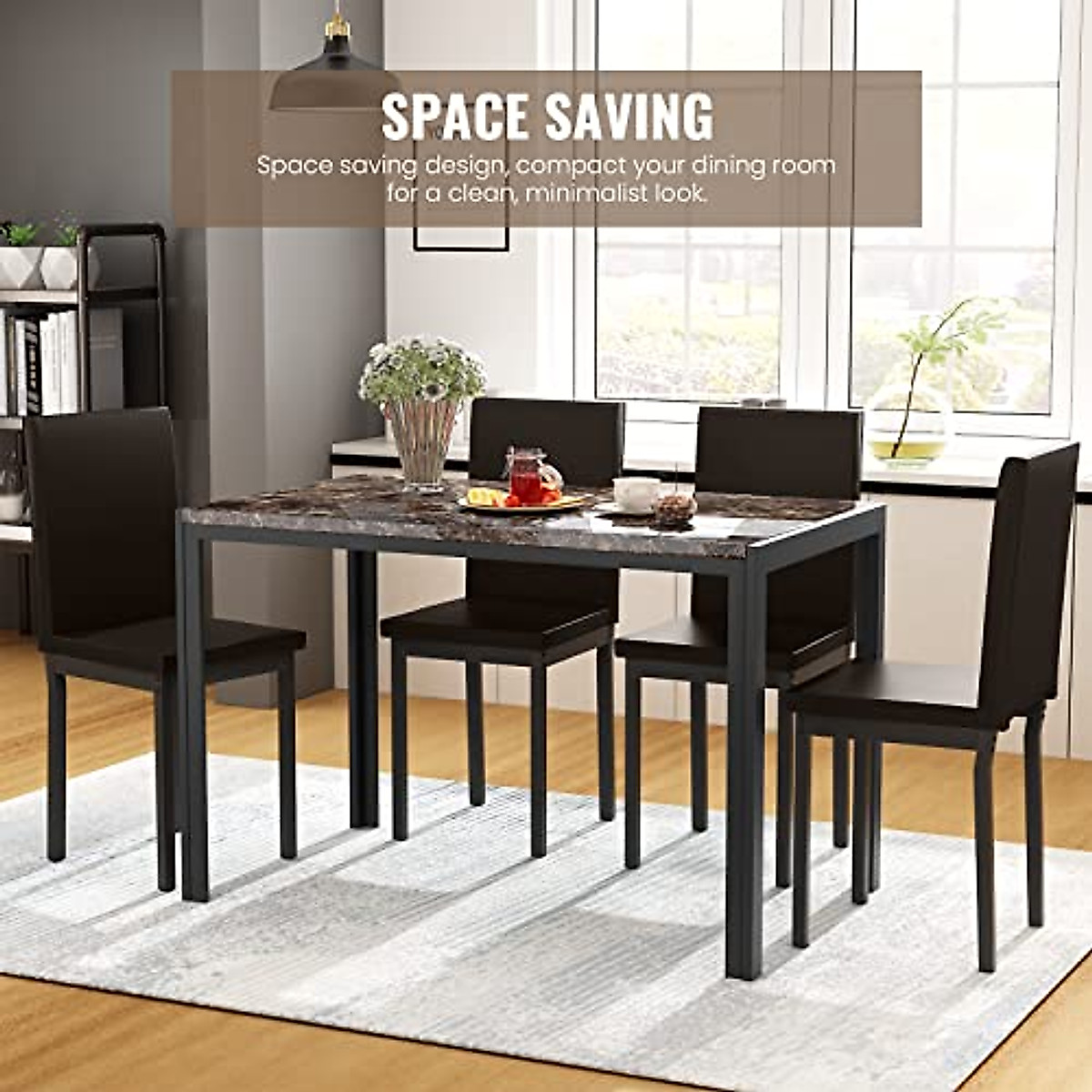 AWQM Dining Table Set for 4, Modern Kitchen Table and Chairs Set, Faux Marble Tabletop and 4 PU Leather Upholstered Chairs Dining Set for Living Room, Kitchen, Dining, Compact Space - Brown