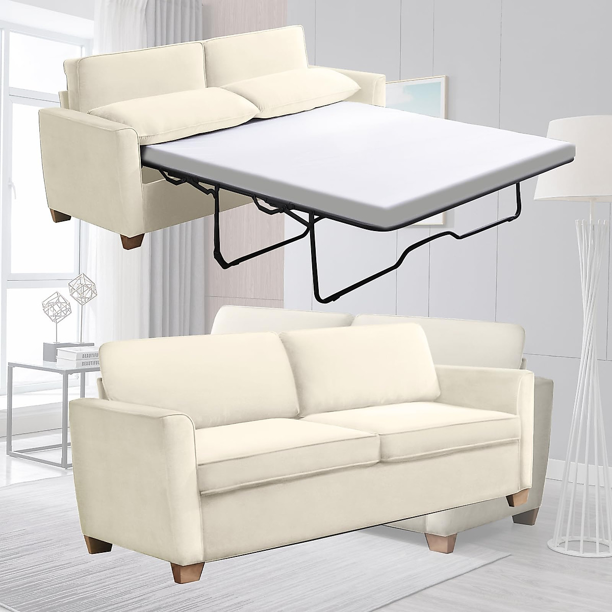 Mjkone 84" W Pull Out Sofa Bed, Sleeper Sofa Bed with Mattress, 2-in-1 Pull Out Couch Bed with 2 Cushions Suitable for Stay Temporarily, Loveseat Sleeper Suitable for Apartment(Beige, Full)