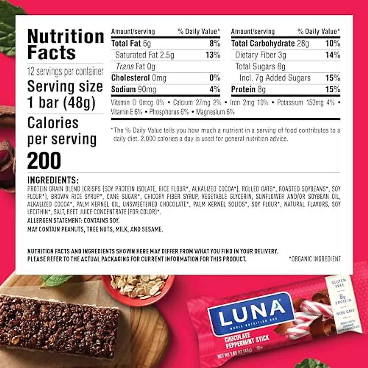 LUNA Bar - Chocolate Peppermint Stick - Gluten-Free - Non-GMO - 7-9g Protein - Made with Organic Oats - Low Glycemic - Whole Nutrition Snack Bars - 1.69 oz. (12 Pack)