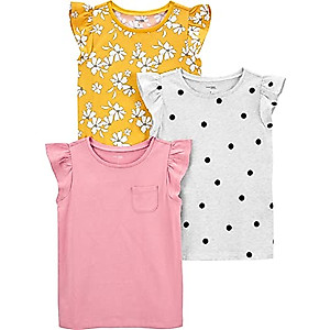 Simple Joys by Carter's Girls' Short-Sleeve Shirts and Tops, Pack of 3, Grey Polka Dot/Pink/Yellow Flowers, 3T
