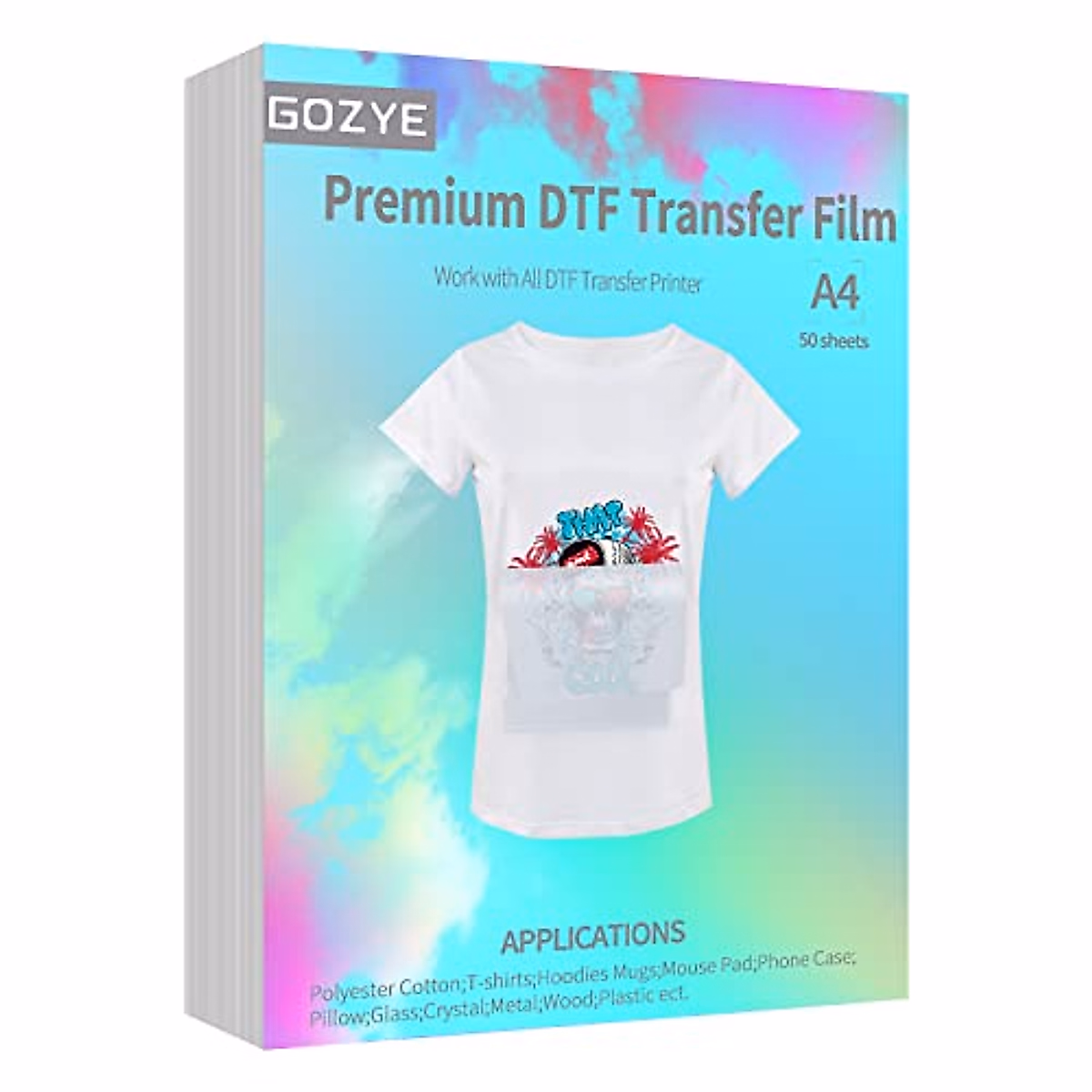 GOZYE Premium DTF Transfer Film - 50 Sheets A4 Matte PET Heat Transfer Paper for Direct-to-Film Printing on T-Shirts Textile- Size: A4 (8.3" x 11.7")
