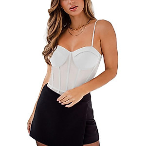 REORIA Women's Summer Sexy Mesh Sheer Spaghetti Strap Backless Going Out Slimming Bustier Corset Leotards Tummy Control Bodysuit Tank Top with Built in Bra (White Large)