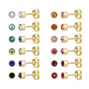 12 Pairs 18K Gold Plated Surgical Stainless Steel Stud Earring, Cubic Zirconia CZ Stud Earrings for Women, Multicolor Birthstone Stud Earrings Set 3mm (Round 3mm)