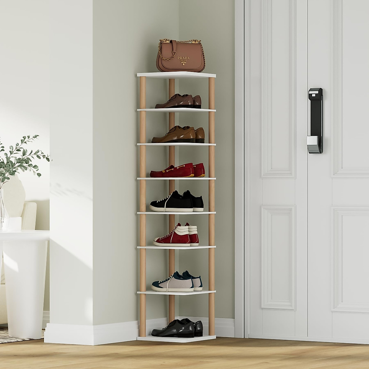 NUTMAK 8 Tiers Narrow Shoe Rack, Wooden Shoe Organizer for Closet Front Door Entrance Entryway, Space Saving Tall Storage Rack, Free Standing Vertical Shoe Shelf for Small Spaces White.
