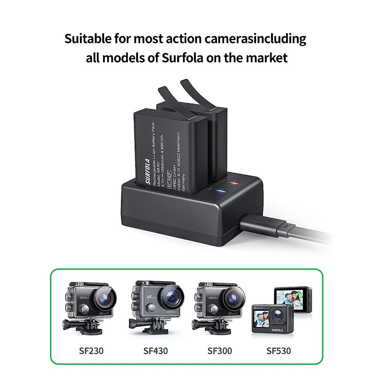 Surfola Action Camera Battery Pack, Rechargeable Batteries with Charger 1350mAh X2, with USB Dual Charger for Sports Camera, Compatible with AKASO EK7000/CAMPARK/CROSSTOUR/APEMAN and More