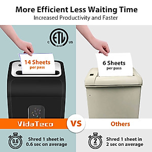 Paper Shredder for Home Office,VidaTeco 14-Sheet 60-Mins Micro Cut Shredder with US Patented Blade,Shred Card/CD/Clip/Staple,Shredder for Home Use Heavy Duty,AUTO Jam Proof,5.3-Gallon Pullout Bin(ETL)