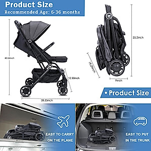 Rollingsurfer Lightweight Baby Stroller, Compact Travel Stroller with Sleep Shade, Oversize Basket, One Hand Easy Foldable Stroller for Airplane Travel and More