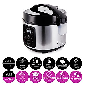 Yum Asia Kumo YumCarb Rice Cooker with Ceramic Bowl and Advanced Fuzzy Logic, (5.5 Cups, 1 Litre), 5 Rice Cooking Functions, 3 Multicooker Functions, 110V US Power (Light Stainless Steel)