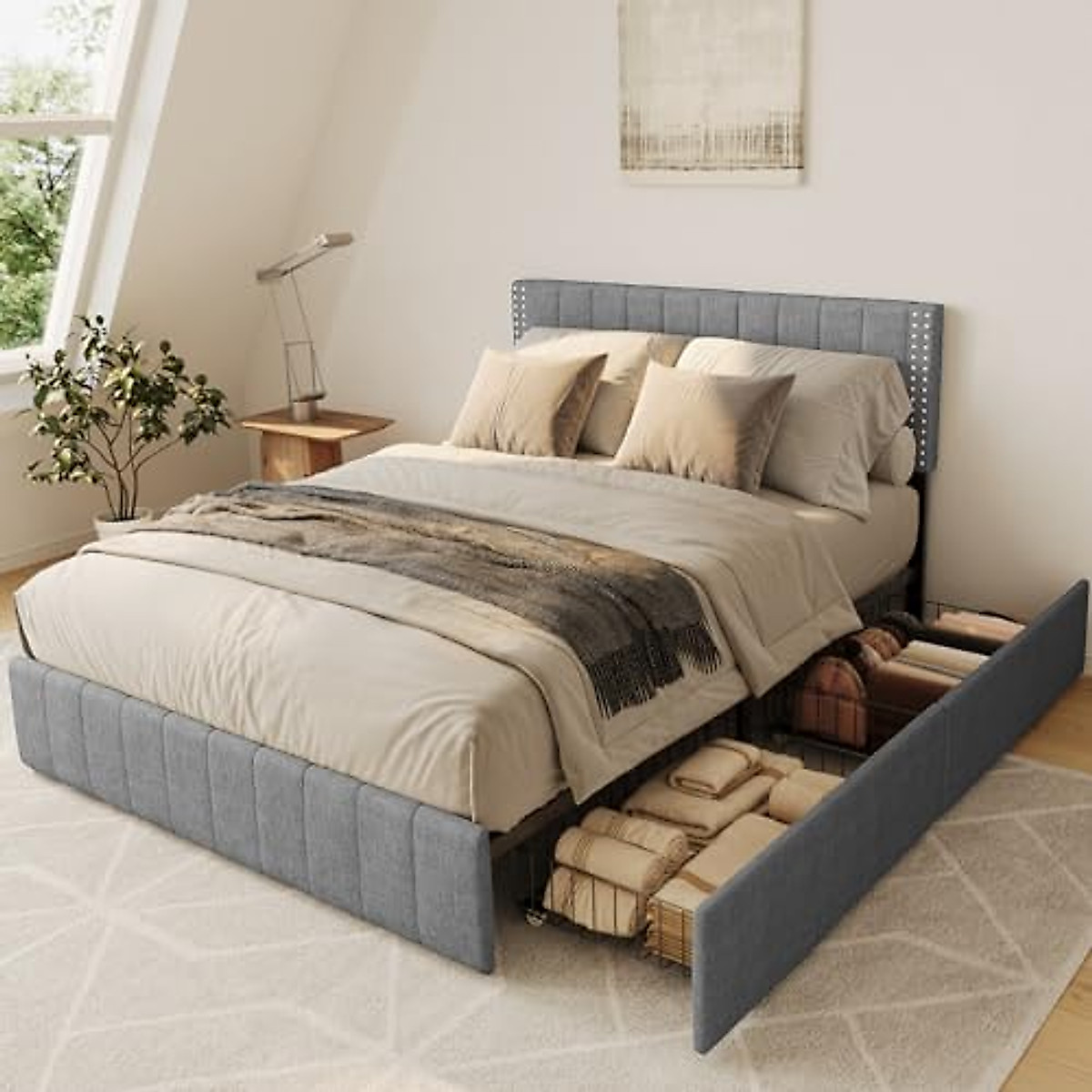 Gizoon Queen Bed Frames with 4 Storage Drawers on Wheels and Headboard Adjustable, Fits 6" to 12" Mattress, No Box Spring Needed (Light Grey)