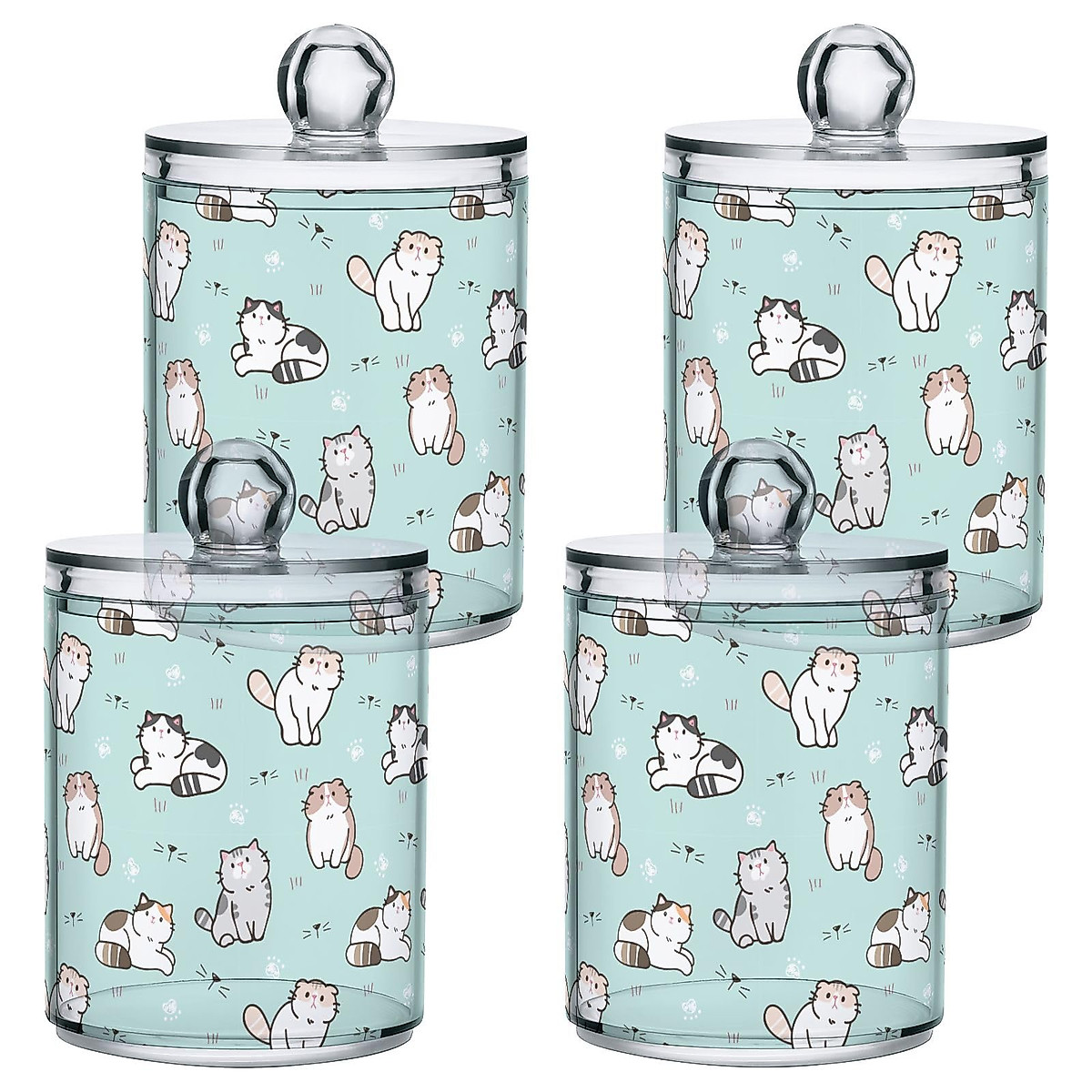 Cartoon Cat Pastel Green 2 Pack Qtip Holder Organizer Dispenser Plastic Bathroom Jars Storage Containers with Lids Clear Bathroom Organizer Dispenser for Bathroom Accessories