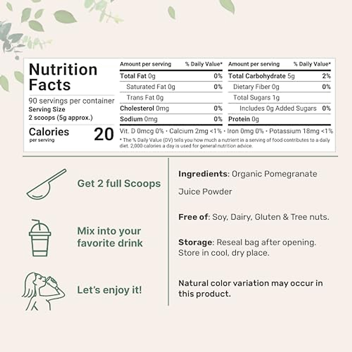 Organic Pomegranate Juice Powder, 1 Pound | 100% Natural Fruit Powder | Freeze Dried & Cold Pressed | No Sugar & Additives | Great Flavor for Drinks, Smoothie, & Beverages | Non-GMO & Vegan Friendly