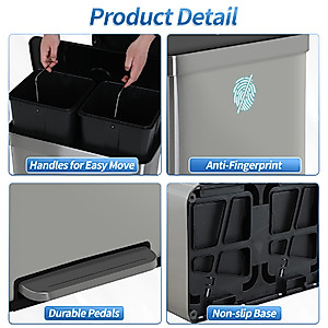 Dual Trash Can, 16 Gallon/ 60L Stainless Steel Trash and Recycling Combo with Lid & Double Barrel, Step Fingerprint-Proof Dual Compartment Garbage Cans for Kitchen Bedroom Bathroom Office