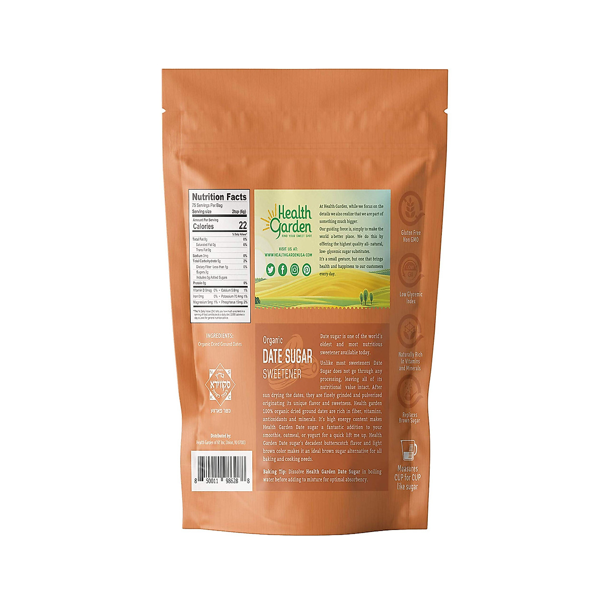 Health Garden Date Sugar (16 OZ), Organic Date Sugar Sweetener, All-Natural Dried Ground Dates, Rich in Vitamins and Minerals, No Gluten, Non-GMO, Low Glycemic Sugar Substitute (1 LB pack of 1)