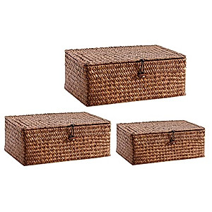 Veemoon 3pcs Woven Basket Organizer Sundry Organizer Basket End Table Decor Seagrass Baskets Woven Hamper Bathroom Decorations Baskets with Lids Seaweed Storage Shelf Basket