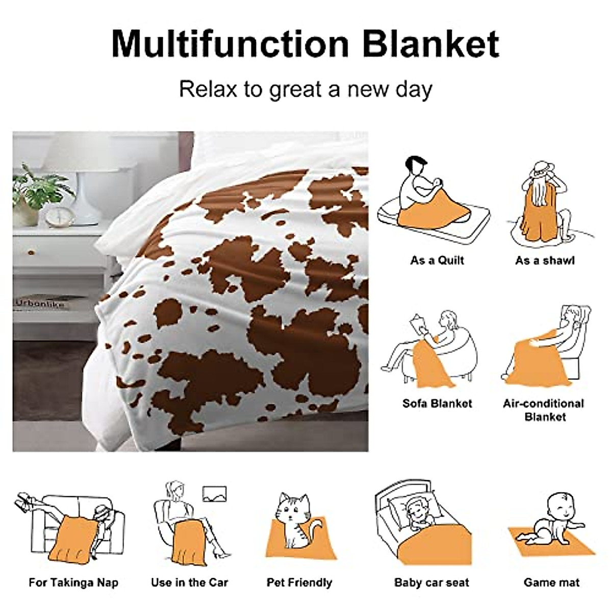 WISH TREE Cow Print Blanket Soft Fleece Throw Blankets with Brown Cow Print for Adults Bed, Couch, Sofa (Twin Size 60 * 80 Inches)