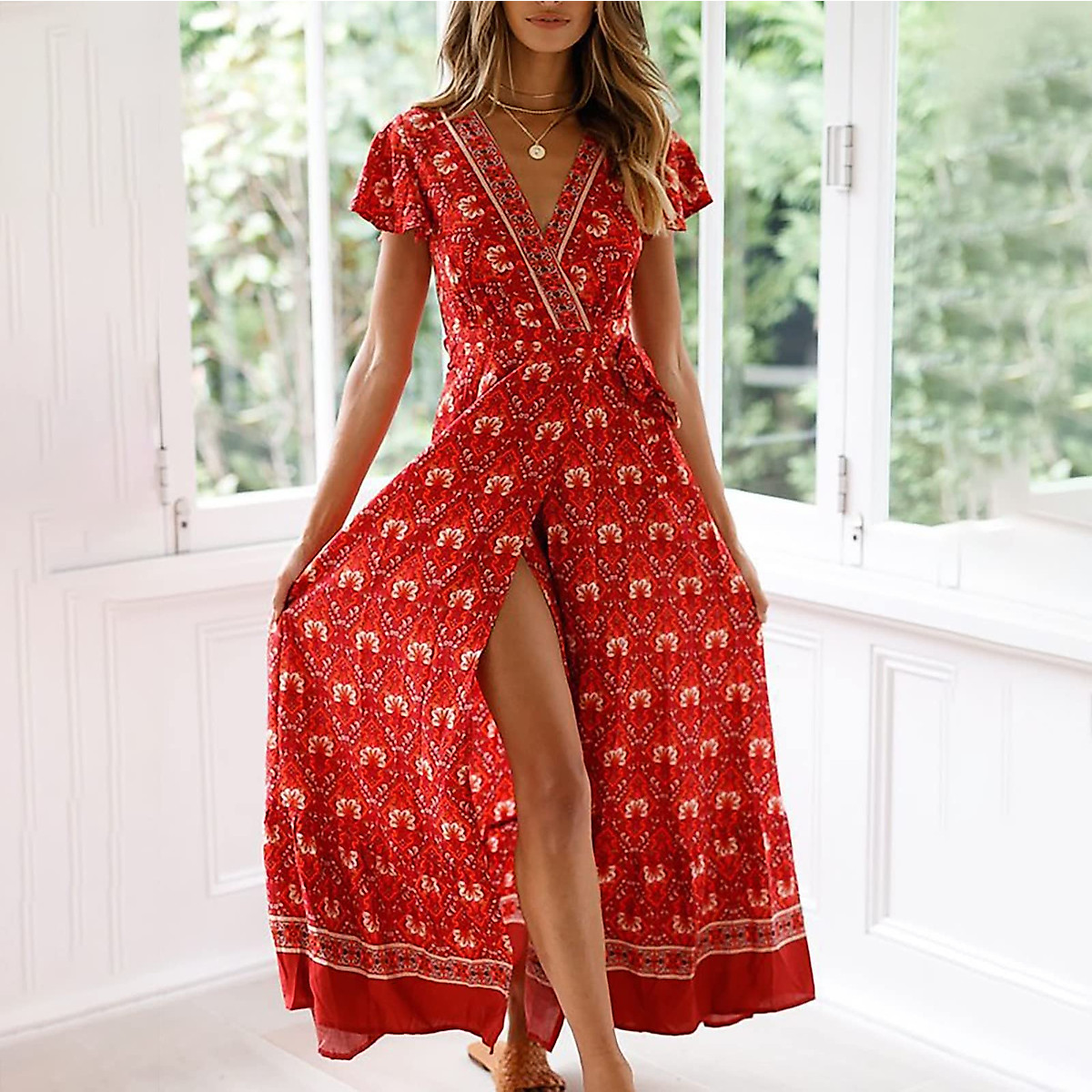 Casual Summer Dresses for Women 2023 Ladies Summer Casual V Neck Floral Print High Waist Belt Short Sleeve Hem Slit Wrap