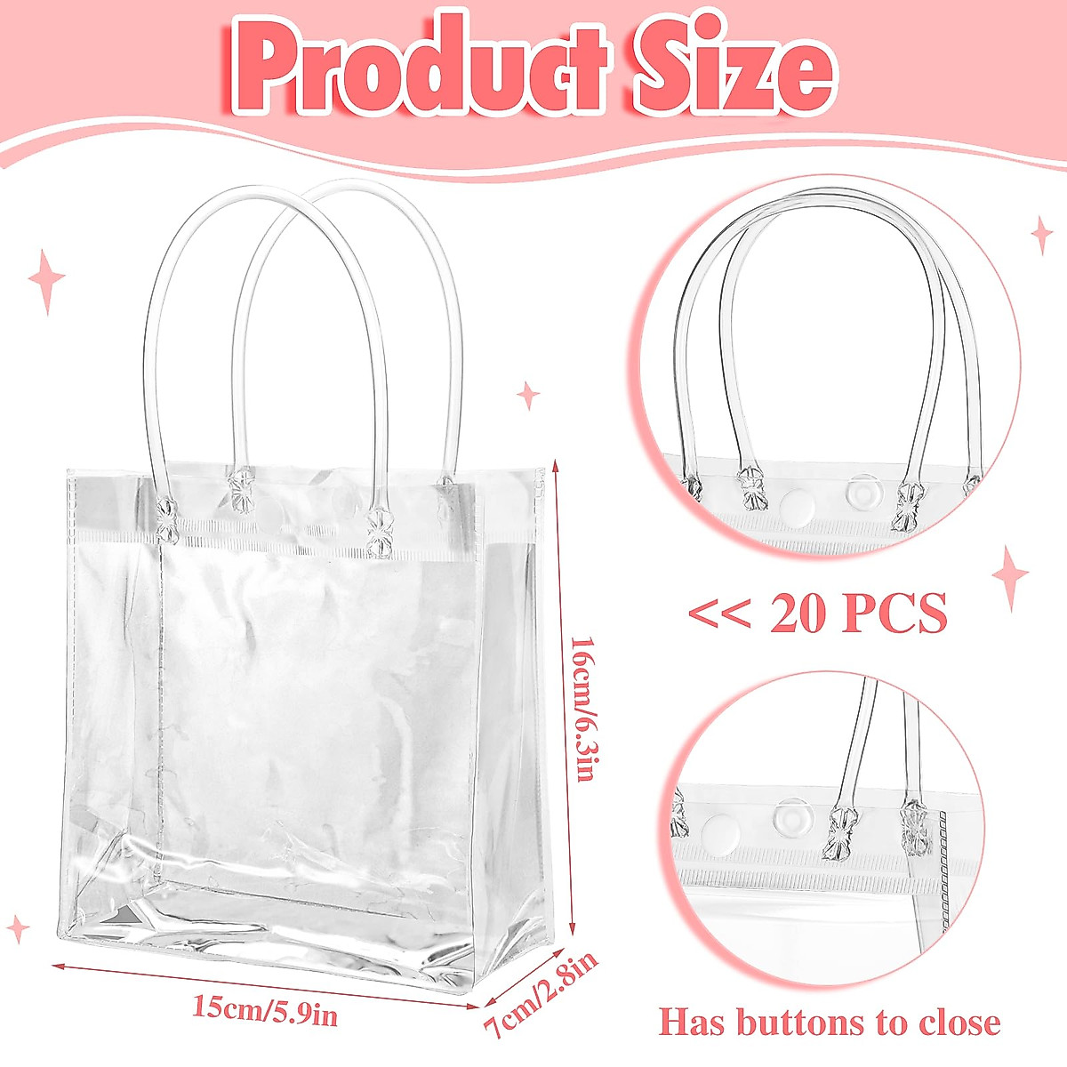 BESARME 20 Pack 6.3" x 5.9" x 2.8" Clear Gift Bags with Handle, Reusable Plastic Small Gift Bags for Party Favors Christmas Wedding Birthday