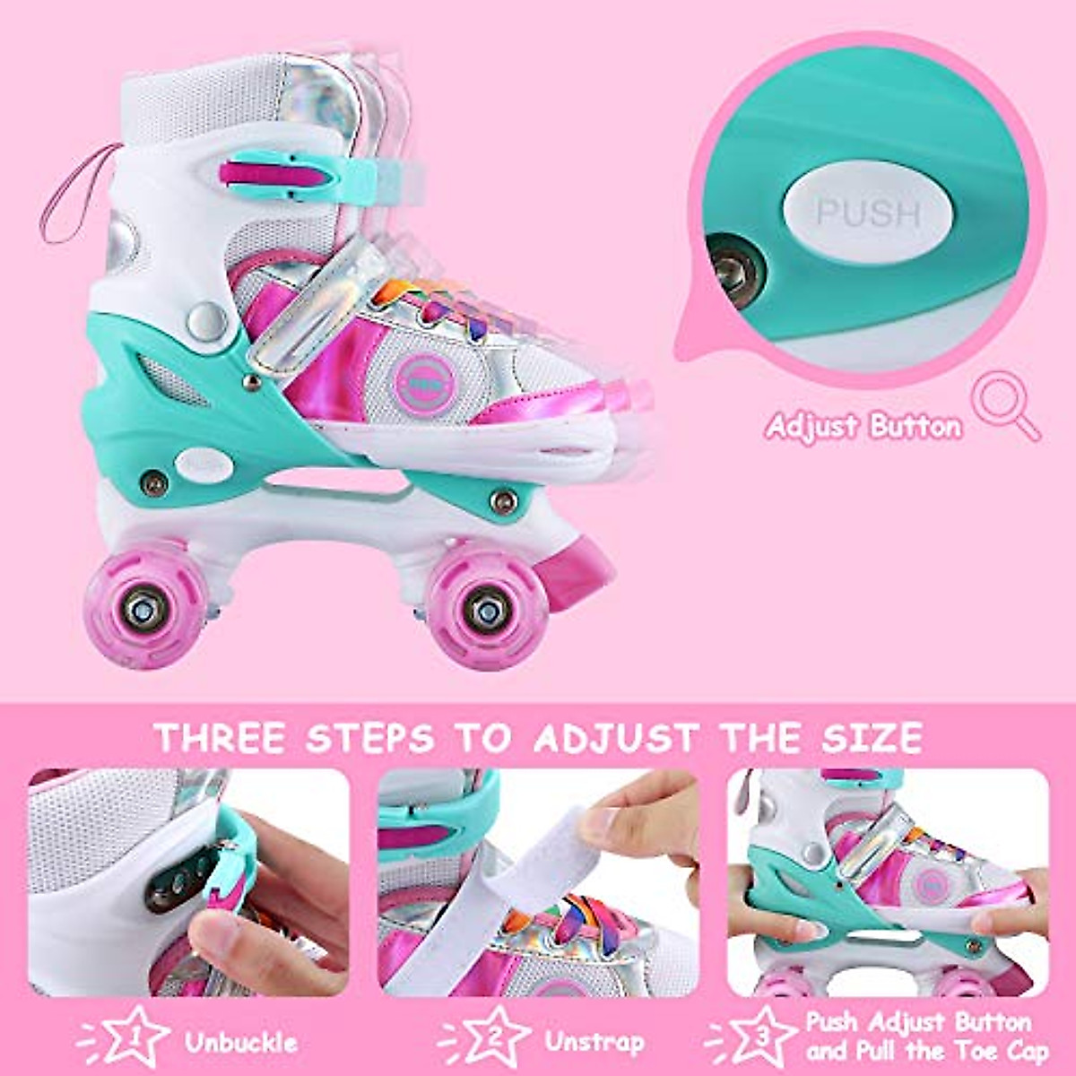Kids Adjustable Roller Skates for Girls Boys Beginner, 4 Size Adjustable Roller Skates with Light Up Wheels and Colorful Shoelaces (Colorful Pink, Medium(2-5))