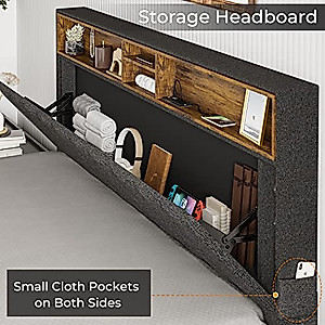 Tiptiper Full Size Bed Frame with Outlets, Platform Bed Frame with Storage Headboard and Height Adjustable, Fabric Upholstered Bed with Wooden Slat Support, No Box Spring Needed, Dark Grey