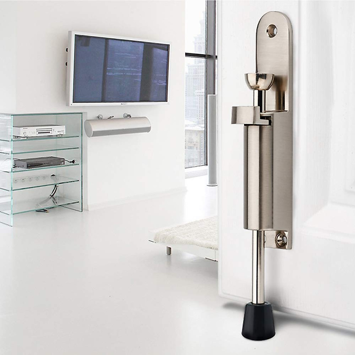 Spring Loaded Telescopic Door Stopper,Easy Step Door Stop,Adjustable Height Heavy Duty Kick Down Door Stop, Silver