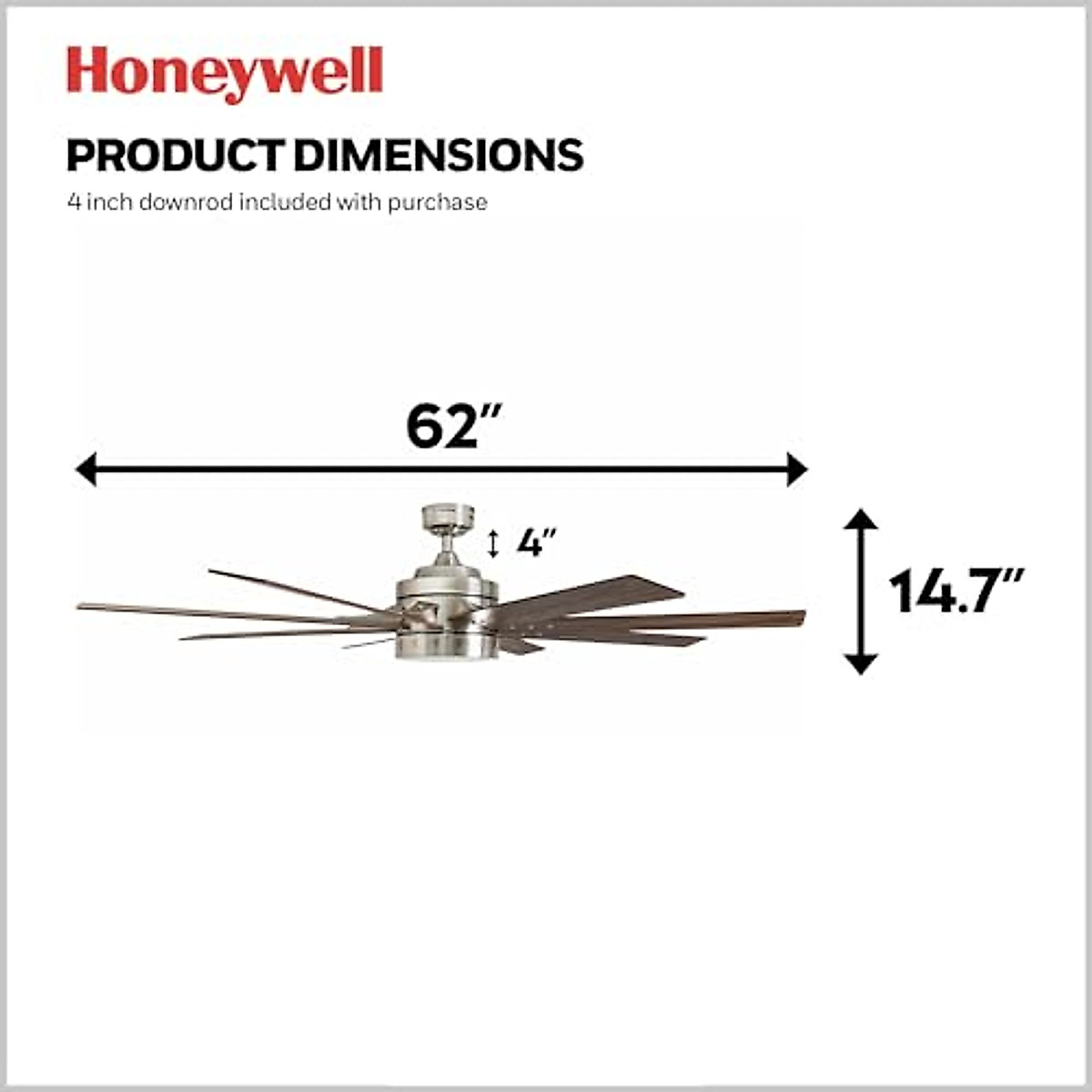 Honeywell Ceiling Fans Xerxes Modern 62 Inch Ceiling Fan with Light, Remote Control Fan, LED Indoor Fan with 8 Blades, French Oak and Gray Oak Blade Finish Options, Brushed Nickel (50608-01)