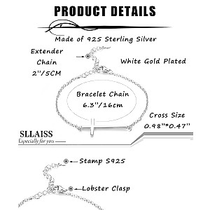 Sllaiss 925 Sterling Silver Sideways Cross Bracelet for Women Religious Chain Bracelet Christian Faith White Gold Plated Adjustable (Silver)