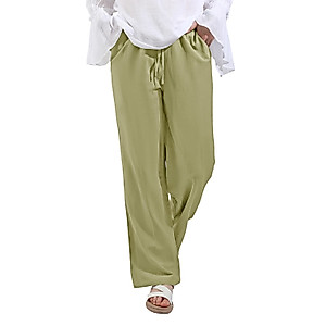 utcoco Women's Cotton Linen Drawstring High Waisted Pants Casual Loose Fit Wide Leg Trousers (XL, Green)