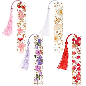 4 Pieces Dried Flower Resin Bookmarks Handmade Transparent Floral Dried Flower Page Marker with Colorful Silky Tassel for Women Girls Adults Kids Christmas Gift