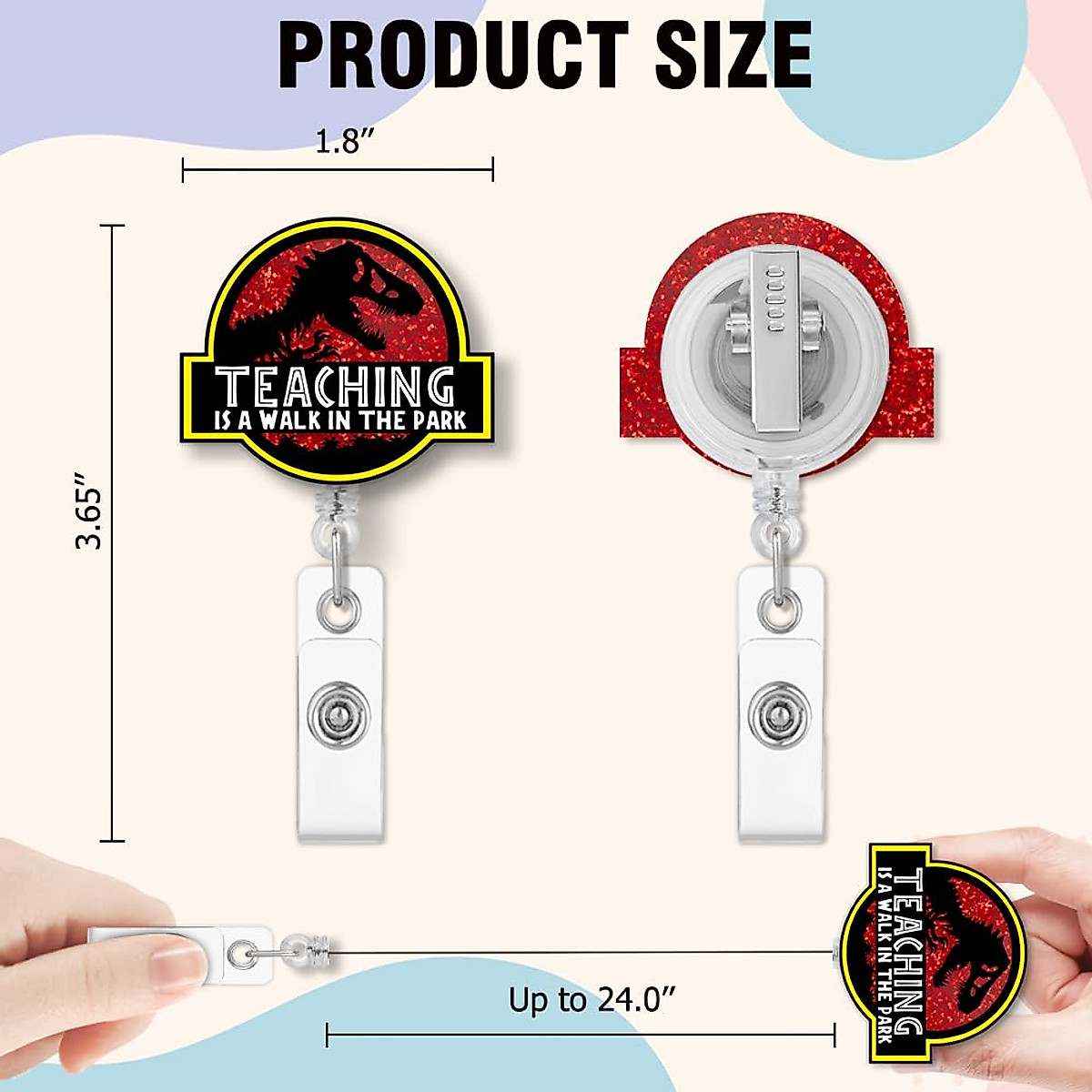 QYUVK Retractable Teaching is A Walk in The Park Badge Reel with Alligator Clip, Funny Red Glitter Dinosaur Badge Holder Gift for Teachers School Counselor Coworker Friends