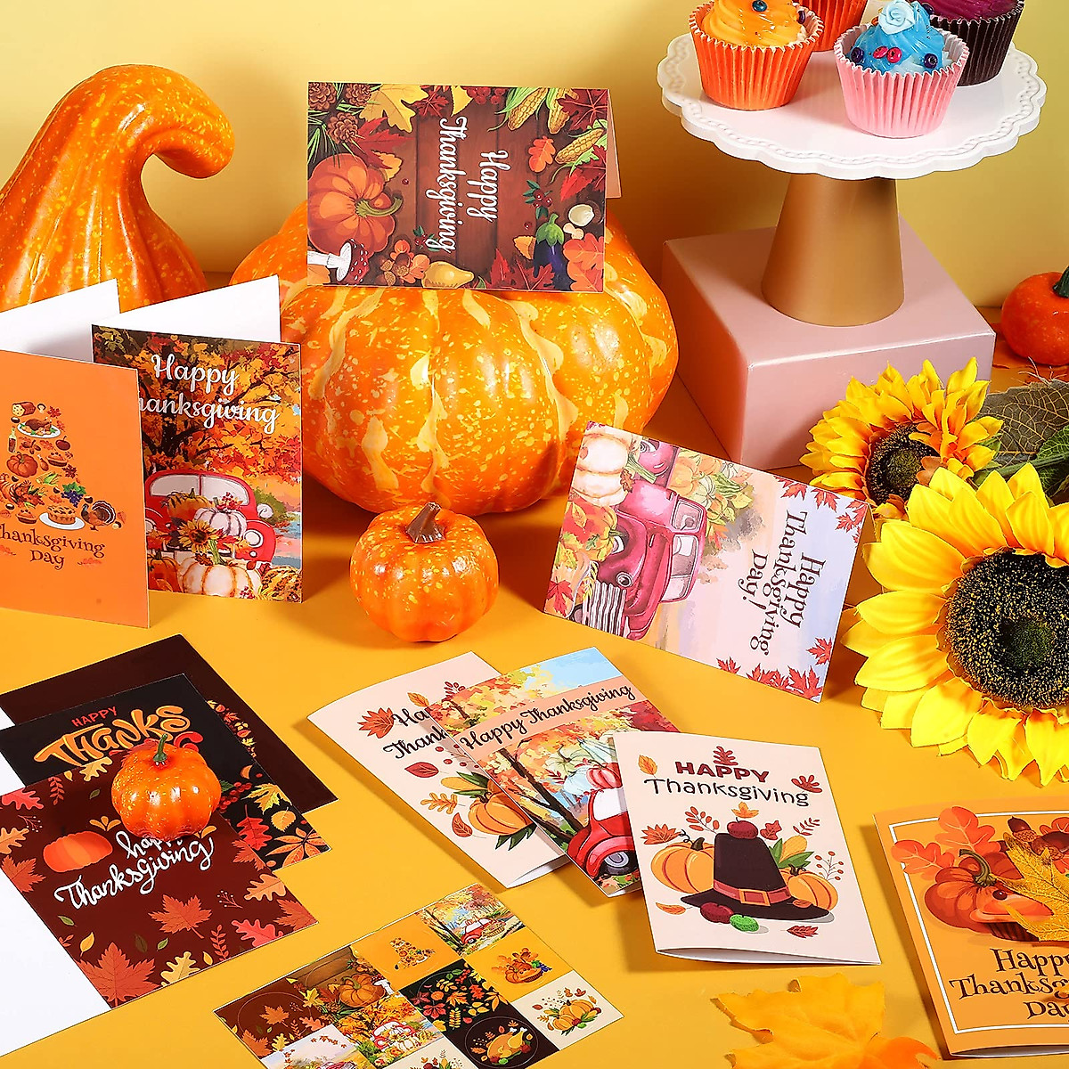 12 Sets Thanksgiving Cards with Envelopes Vintage Truck Pumpkins Turkey Cards 4x6 Inches for Thanksgiving Day Thank You Postcards for Family Teacher Fall Party Harvest Celebration Supplies, 12 Designs