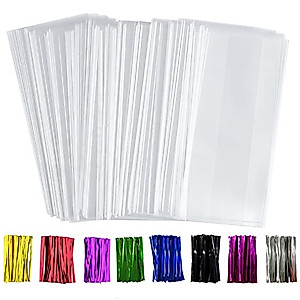 Belinlen 300 Pack 4” x 9” Treat Bags Plastic Poly Bags - Side Gusset- Cookie Bags Multi-purpose Plastic Gift Bag Coming With 300 Colorful Twist Ties