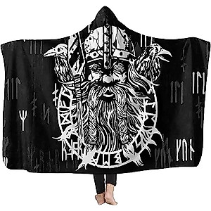 Viking 3D Printed Hooded Blanket Warm Soft Awe Helmet Valhalla Raven Totem Unisex Winter Wearable Hooded Blanket Double Thick Plush Fleece Blanket Cape ( Color : Blanket , Size : 80x60in/150x200cm )